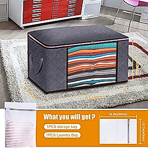 ZEKEROLL Large Capacity Clothes Storage Bag with Reinforced Handle Foldable Organizer with Thick Fabric For comforters,blankets,bedding Sturdy Zipper, Clear Window,1 Pack,90L,Grey With 1 Laundry Bag.
