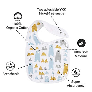 Snap Muslin Bibs for Boys & Girls, 3-Pack Baby Bibs for Infants, Newborns and Toddlers, 100% Cotton Muslin Absorbent & Soft Layers, Adjustable Snaps, “Bear,Hedgehog,Tree”
