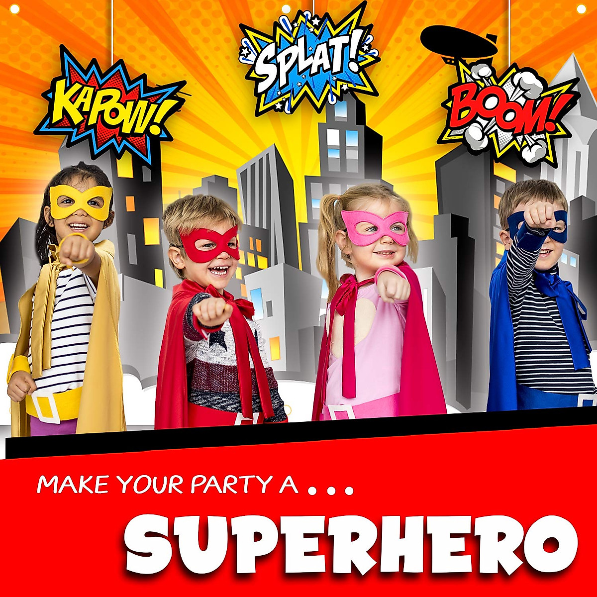 Bigtime Signs XL Superhero Backdrop with 6 Comic Action Word Photo Booth Props - Compliments Any Superhero Party Decorations - 4 x 6 ft - Cityscape Superhero Birthday Decorations Hangs on Wall Easily