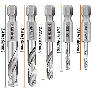 Rhinenet 1/4 Hex Shank Drill Bit Set 5 Pieces Stubby Drill Bit Set for Metal M2 Short Length Drill Bit Steel for Quick Change Chucks and Drives Stainless Steel Carbon Steel Iron and Other Hard Metals