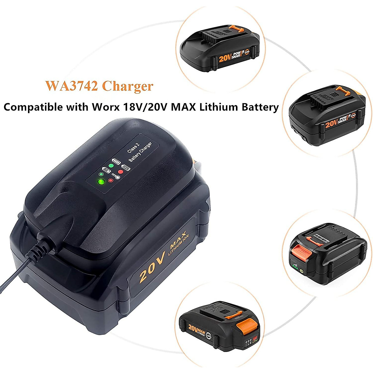 Yongcell WA3742 Charger Replacement for Worx WA3732 WA3875 Charger Compatible with Worx 18V 20V Lithium Power Share Battery WA3520 WA3525 WA3575 WA3578 WA3512.1