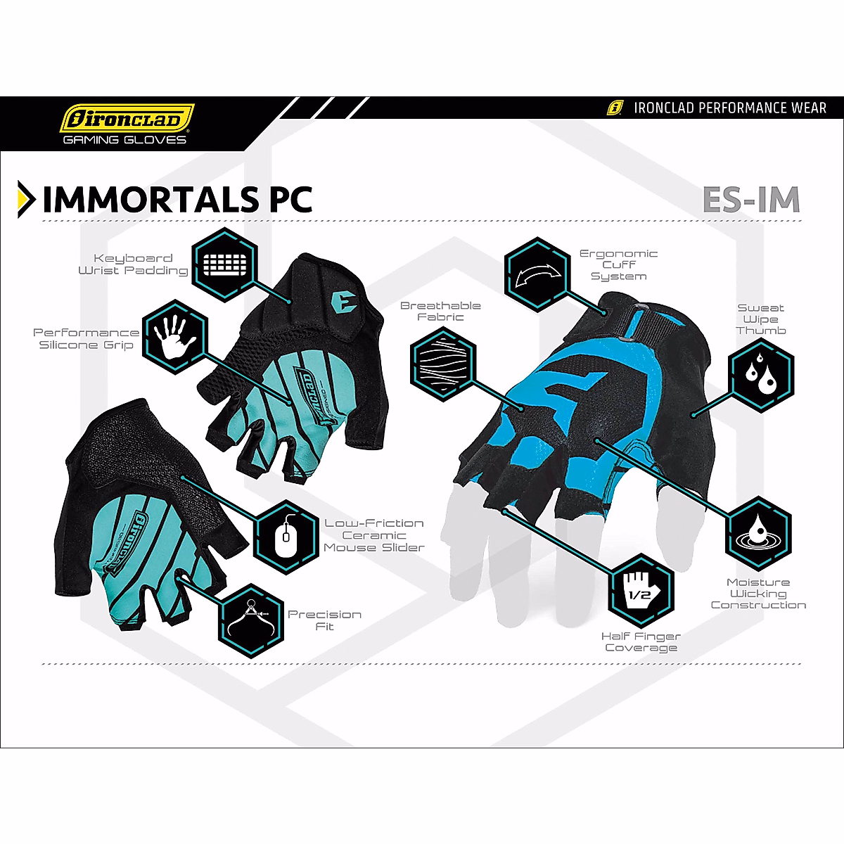 Ironclad Immortals PC Gaming Gloves, Precision Fit, Performance Grip, Machine Washable, (1 Pair), Size L (ES-IM-04-L)