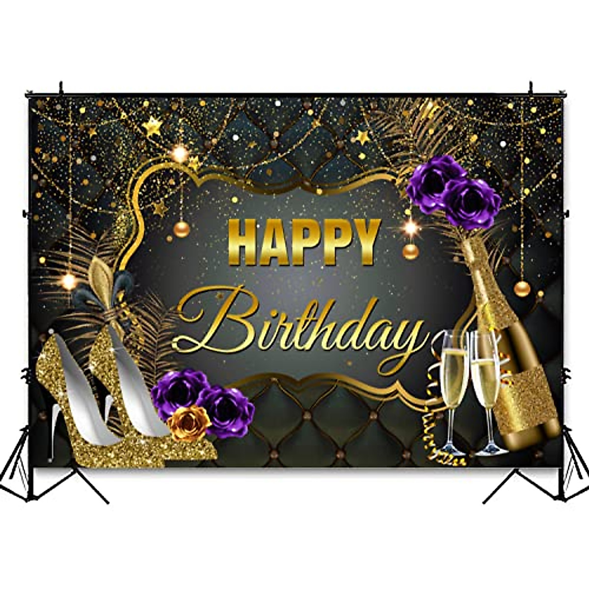 InMemory Black and Gold Happy Birthday Backdrop Banner for Women Sequin High Heel Champagne Purple Bday Photography Background for Adult Queen Birthday Party Decor Supplies Photo Booth Backdrops 5x3ft