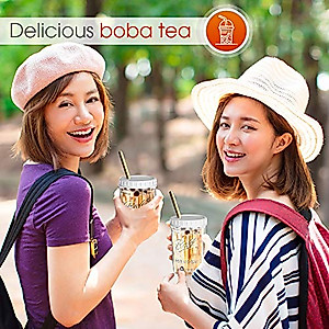 Reusable Wide Mouth Smoothie Cups Boba Tea Cups Bubble Tea Cups with Lids and Gold Straws Mason Jars Glass Cups (2-pack, 16 oz mason jars) Brand Capsule Classic