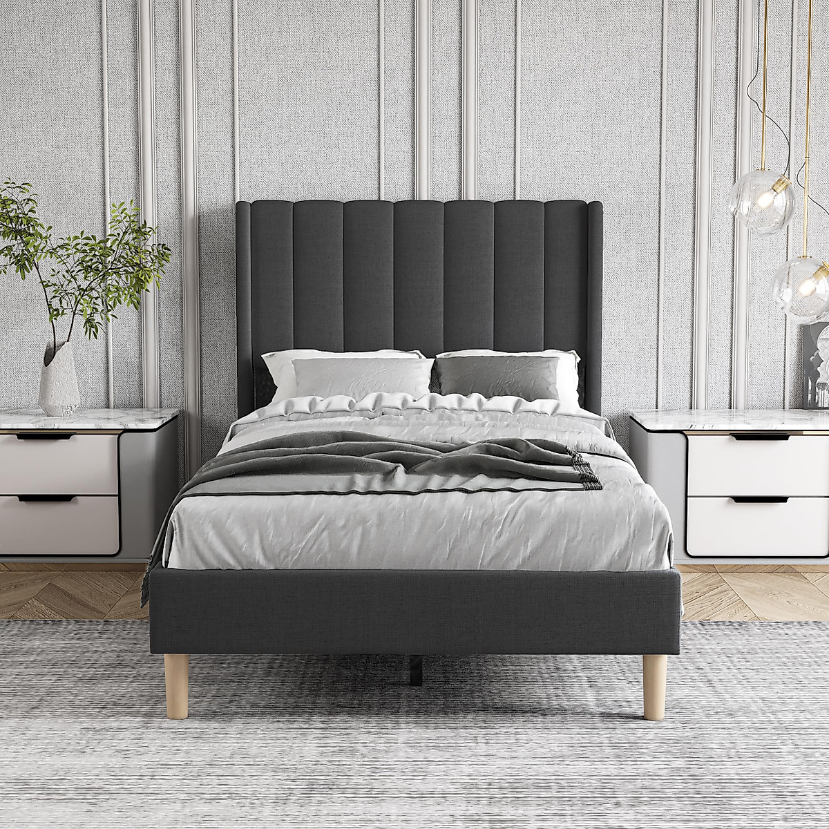 Zoophyter Upholstered Platform Bed Frame Twin Size with Headboard,Strong Wooden Slats Support No Box Spring Needed Easy Assembly Black