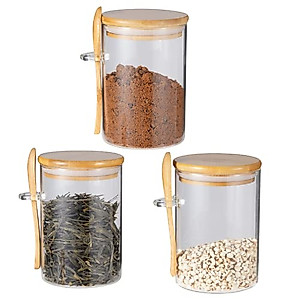 Kitchen Glass Jars with Spoons, 3 PCS Large Capacity Kitchen Canisters, 20 OZ Transparent Glass Kitchen Containers, Clear Glass Bottle with Airtight Bamboo Lid, Kitchen Organizer for Grains, Spices, Coffee Beans, Snacks