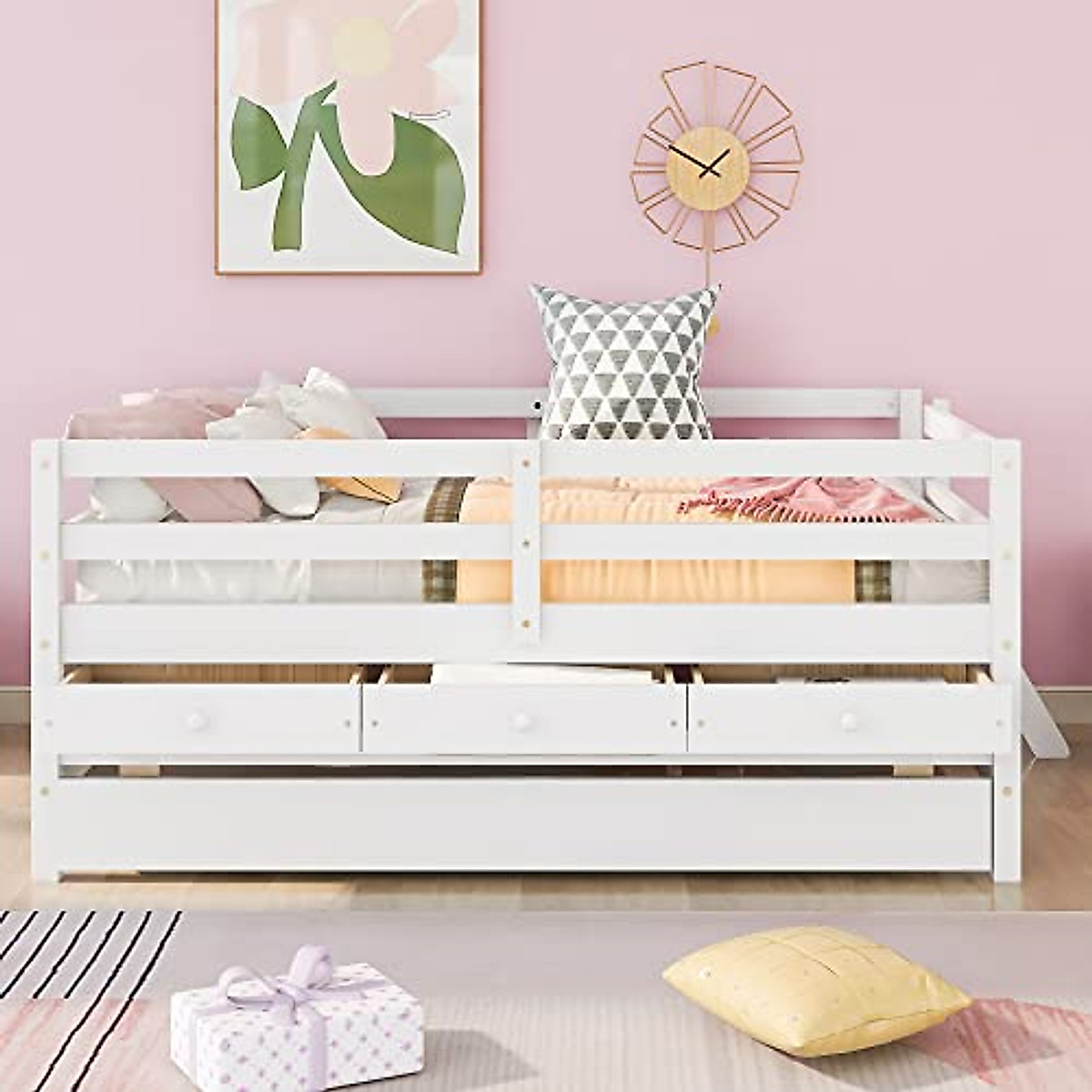 ODC Low Loft Bed with Trundle Bed and 3 Storage Drawers, Multifunctional Full Size Loft Bed with Climbing Ladder, Solid Wood Bed Frame with Full Safety Fence for Kids Boys Girls