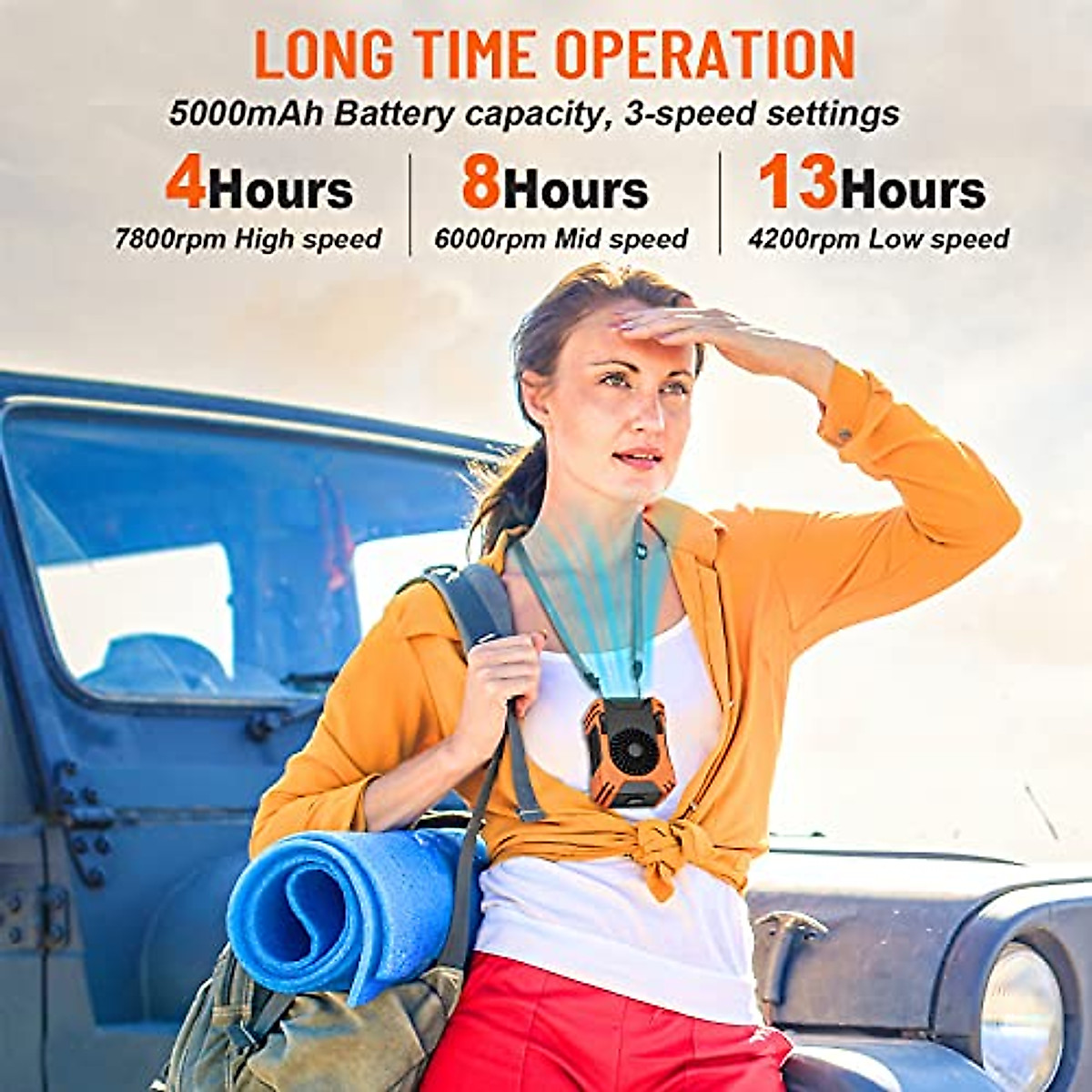 beheart Waist Clip Fan, Personal Cooling Necklace Fan, 3 Speed 5000mAh Power Bank and Spotlight