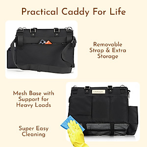 FifthStart Multiuse Cleaning Caddy with Waist & Shoulder Strap - Professional 9 Pockets Tote Bag for Housekeeping Diaper Gardening Fishing Beach Bathroom Organizer Adjustable Compartments, Black Large