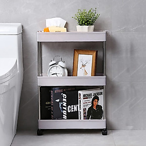 Slim Storage Cart, 3 Tier Mobile Shelving Unit Organizer, Slide Out Rolling Utility Cart Shelf Rack for Kitchen Bathroom Laundry Room Narrow Places, Plastic & Stainless Steel, Gray