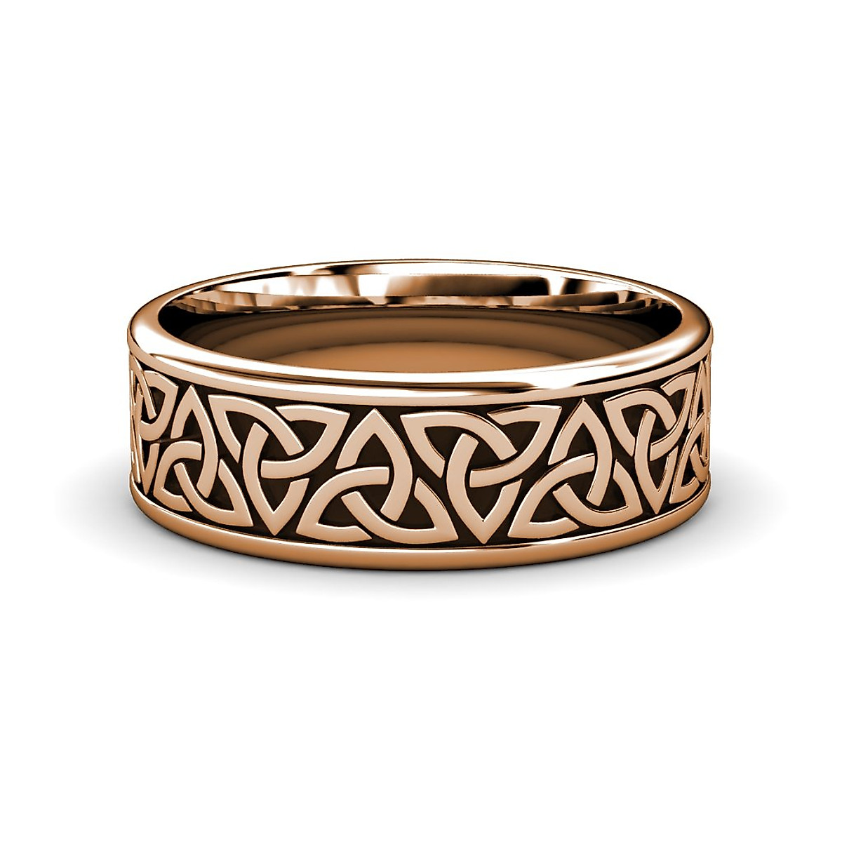 High Polish 7mm Black Rhodium Plated Flat Celtic Trinity Knot Unisex Wedding Band 14K Rose Gold.Size 13.0