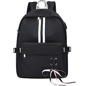 Mairle 17.3 inch Casual Laptop Backpack Anti Theft Schoolbag Daypack Ribbon Decorate School Bag with USB Charging Port for Teen Girls Women, Black
