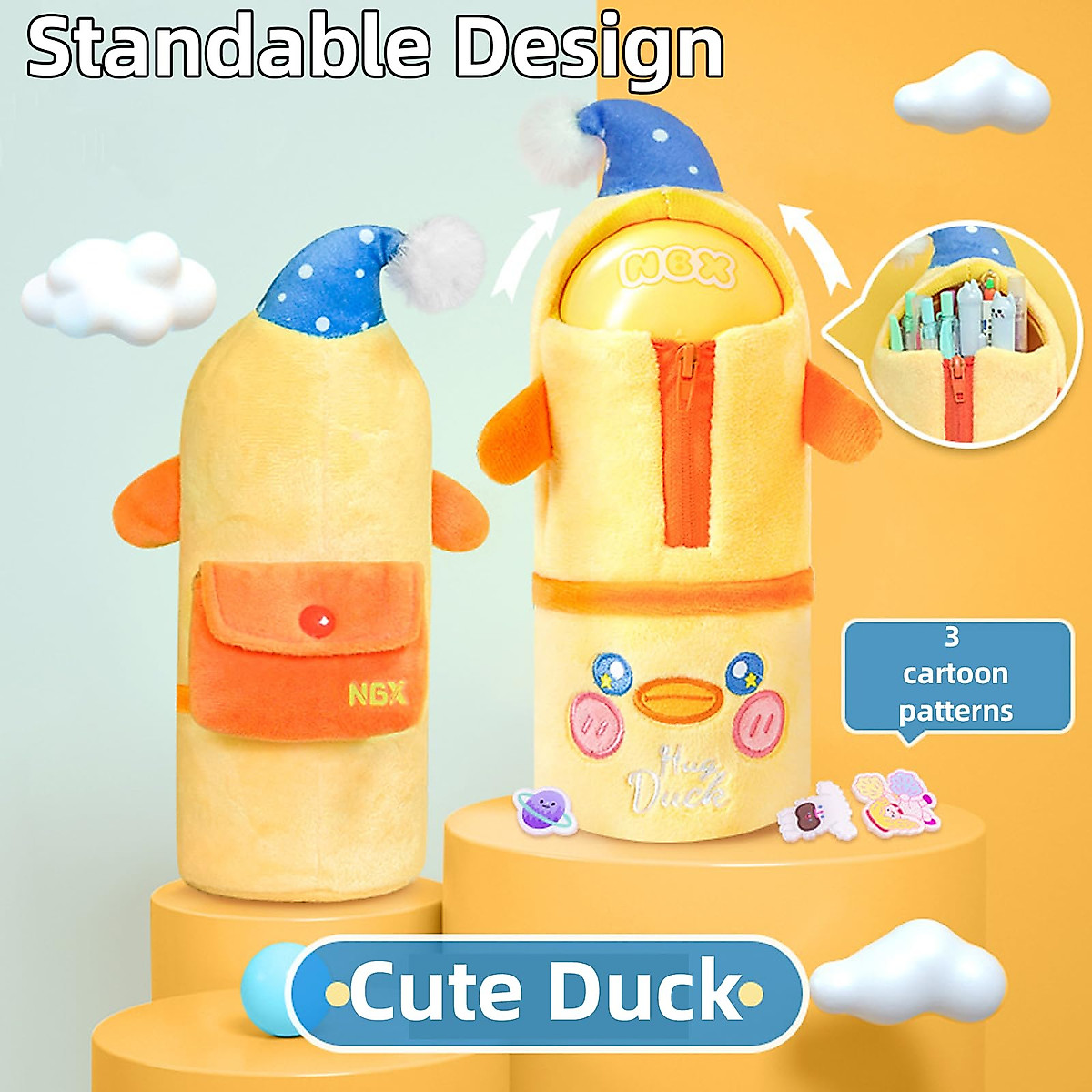 NBX NewmeBox Kawaii Pen/Pencil Holder for Desk, Plush Desk Organizer, Cute Desktop Supplies and Accessories, Animal Shape Design, Stationery Storage Caddy/Pouch for School, Girls, Boys(Duck)