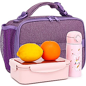 FlowFly Kids Lunch Bag, Durable Insulated School Lunch Box with Shoulder Strap and Bottle Holder, Water-resistant Thermal Small Lunch Cooler Tote for Teen Boys & Girls,Purple
