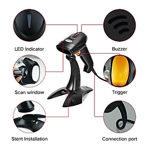NYEAR 2D&1D&QR USB Barcode Scanner with Stand,Screen and Printed USB Barcode Scanner 2D Automatic Barcode Reader Handhold CMOS Image Barcode Scanner for Tablets,Computers POS, Cashier (2D Wired)