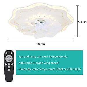 IYUNXI Led Ceiling Light Fan Flower-shaped 3-Color Dimmable Acrylic Multifunction Ceiling Light with Fan Adjustable Wind Speed Brightness with Remote Control 72W 18.5In for Bedroom,Living Room