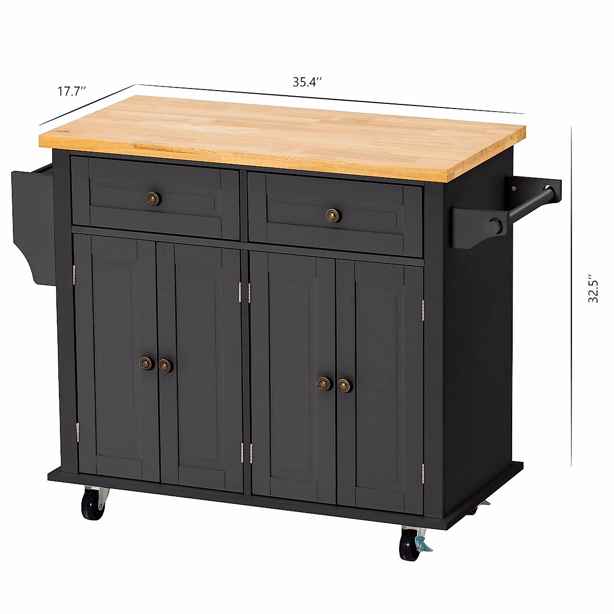 Squireewo Kitchen Cart with Rubber Wood Top Breakfast Bar, Rolling Mobile Kitchen Island Table on Wheels with Drawer and Storage Cabinet, Spice Rack, Towel Rack, Black