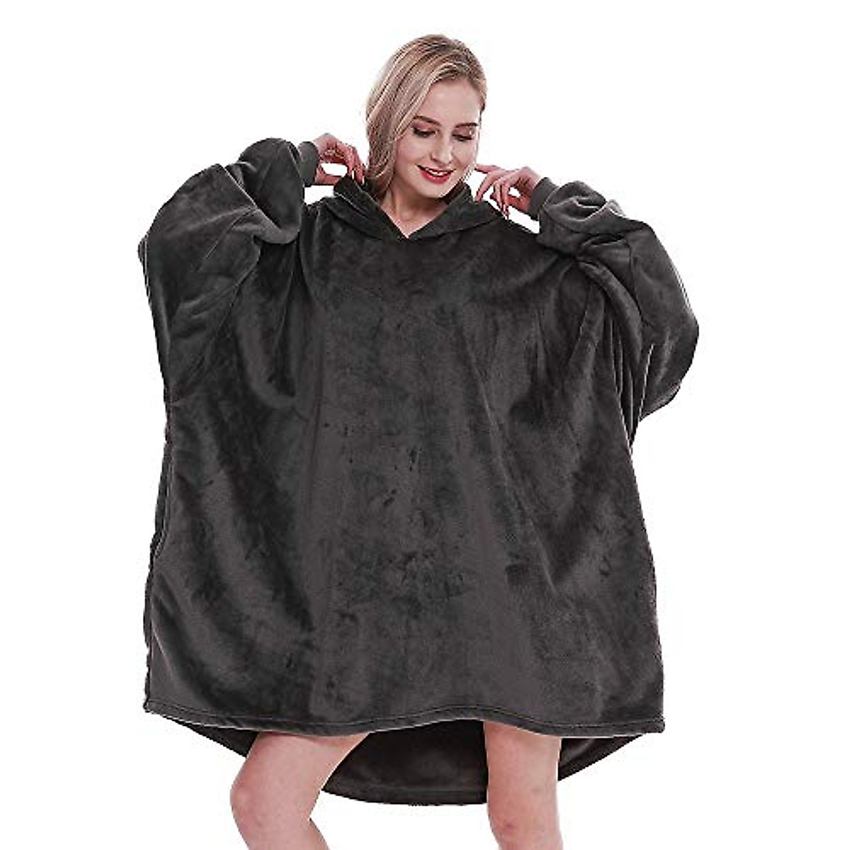 Panku Wearable Blanket Hoodie, Oversized Flannel Blanket Sweatshirt with Hood Pocket and Sleeves, Hooded Blanket for Adult Women Men, (Dark Grey)