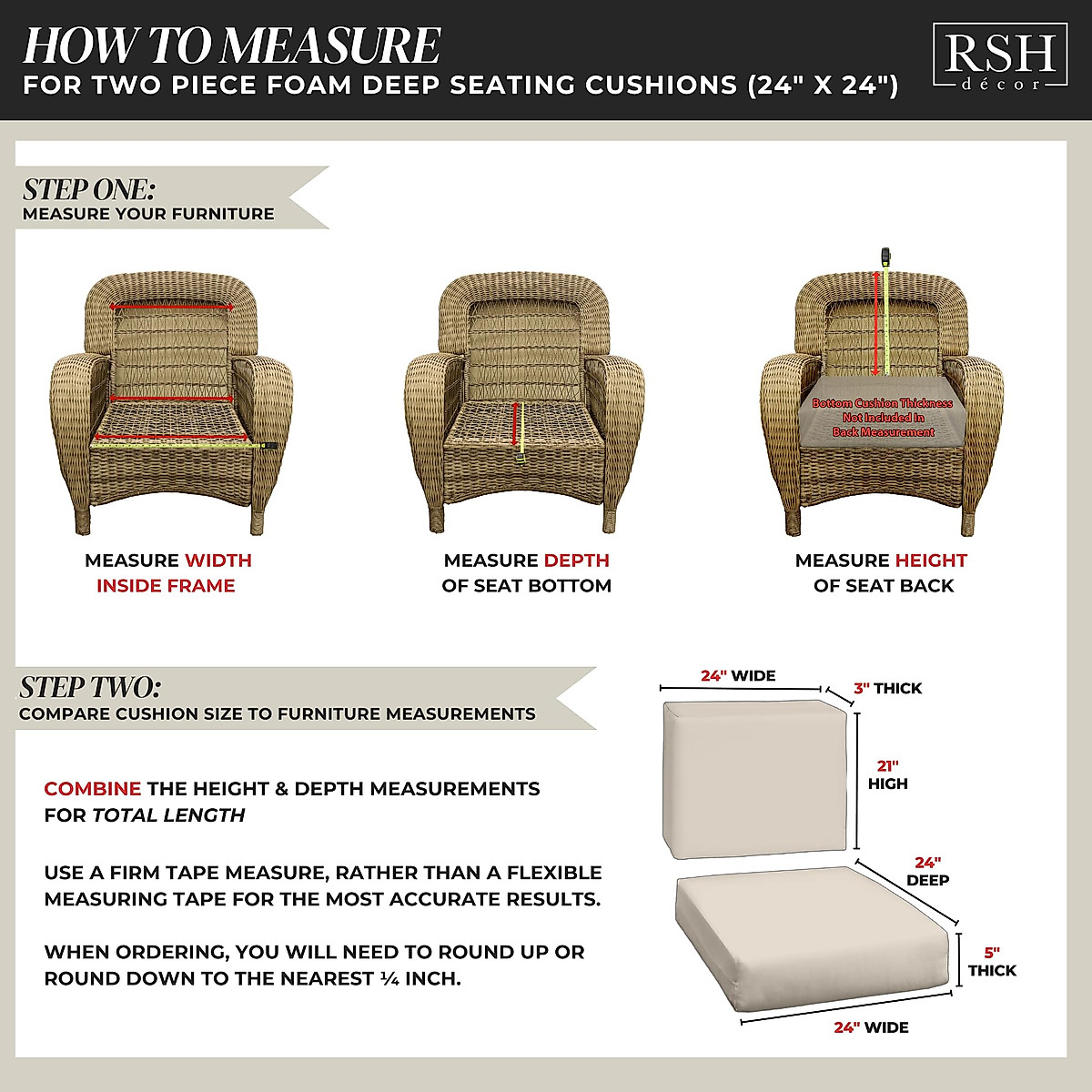 RSH DECOR: Deep Seating Foam Cushion Set | 24” x 24” Seat | All-Weather Spun Fabric | Water and Fade-Resistant | Outdoor Chair Cushion Set for Patio Furniture | Casco Pewter