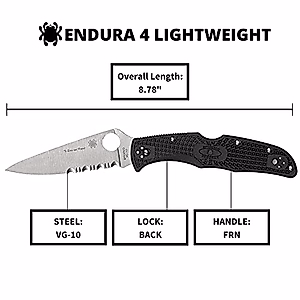 Spyderco Endura 4 Lightweight Knife with Flat Ground Steel Blade and Tunnel to Towers Black FRN Handle - CombinationEdge - C10FPSBKBL