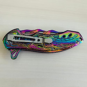 Super Knife 8" Rainbow Dragon Tactical Spring Assisted Open EDC Blade Folding Pocket knife
