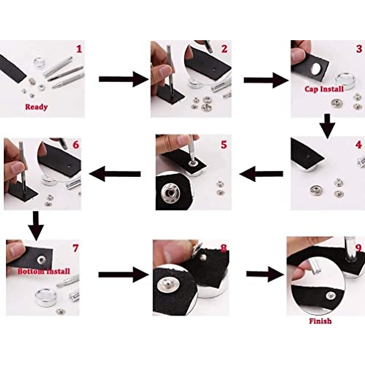 24 Sets Heavy Duty Leather Snap Fasteners Kit, BetterJonny 15mm Metal Snap Buttons Press Studs Leather Rivets Snaps with 4 Setter Tools for Clothes Bracelet Jackets Jeans Gun Black