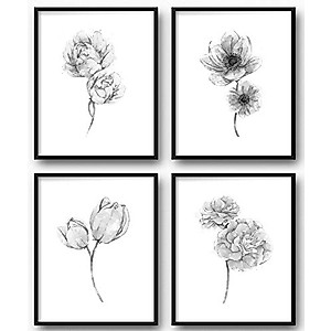 Brooke & Vine Botanical Prints Wall Art - (UNFRAMED 8 x 10) Minimalist Black and White Boho Decor, Bohemian Living Room Bedroom Bathroom Entry Way Office (Black and White Florals)