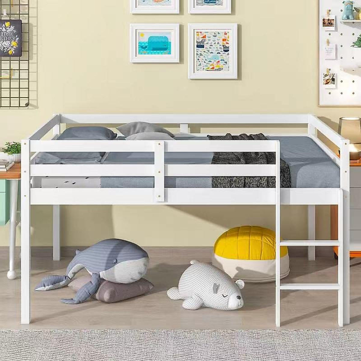 Harper & Bright Designs Low Loft Bed Full Size, Wood Loft Bed with Ladder, Full Loft Bed Frame with Safety Guardrail for Kids Teens Boys Girls (White, Space-Saving)