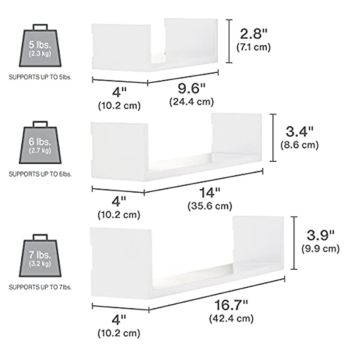 MELANNCO Floating U Shelves for Bedroom, Living Room, Bathroom, Kitchen, Nursery, Set of 3, White