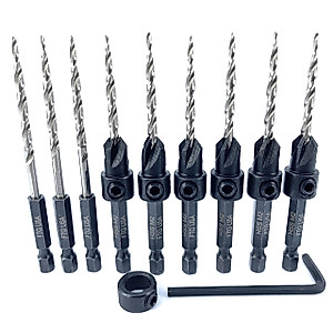 FTG USA Countersink Drill Bit Set 6 Pc #6 (9/64") Wood Countersink Drill Bit Pro Pack Countersink Set, with 3 Replacement Tapered Countersink Bits 9/64", 1 Stop Collar, 1 Hex Wrench