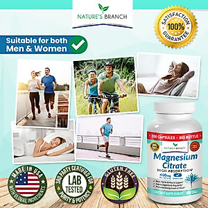 Magnesium Citrate 400mg - 200 Capsules - High Potency for Sleep, Leg Cramps, Extra Strength Absorption, Easy to Swallow Pills for Women & Men, Vegan Supplement Not Tablets - Made in USA
