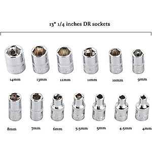 YWHWXB 46 Pieces Mechanic Tool Kit 1/4” Dr. Ratchet Socket Wrench Set with Storage Case, Includes Bit Sockets and Extension Bar