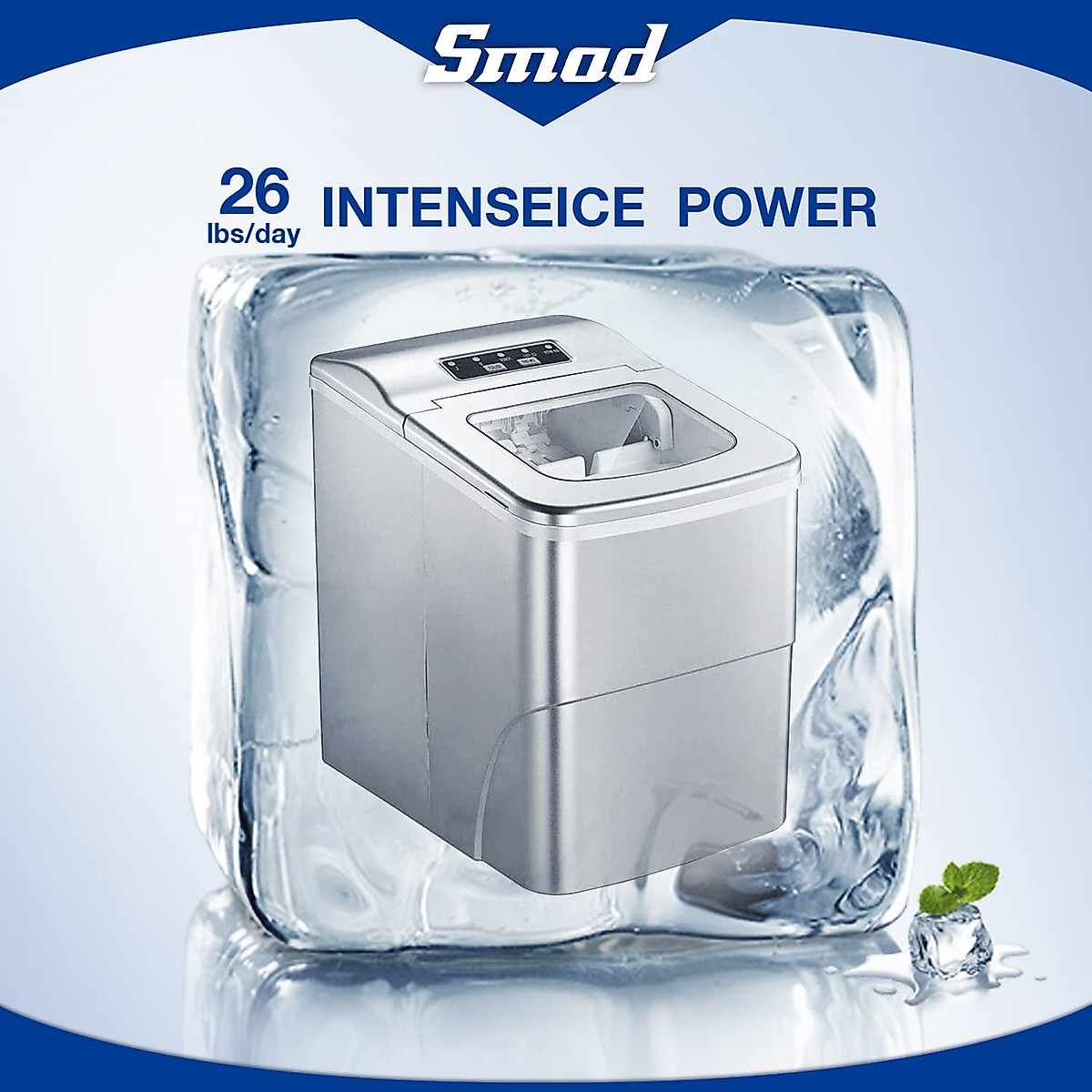 Smad Countertop Ice Maker Machine, Chewable Bullet Ice Chip Maker with Ice Scoop & Basket, 26 Lbs/Day, Silver