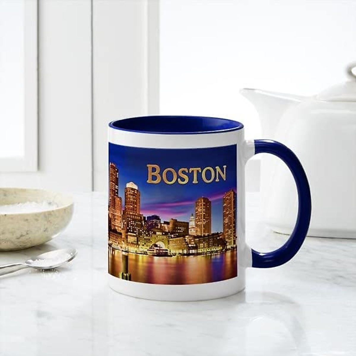 CafePress Boston Harbor At Night Text BOSTON Copy Mugs Ceramic Coffee Mug, Tea Cup 11 oz