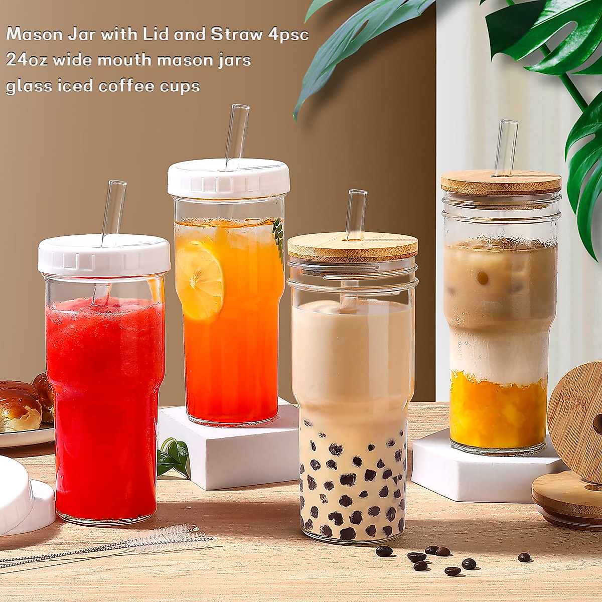 Pint Glasses,Glass Beer Cups Set of 4,16oz Glass Cups with Lids and Straws-Pint Glass Drinking Glasses,Unique Design Iced Coffee Cups with Lids and Straws