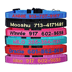 Personalized Nylon Cat Collar Breakaway with Bell - Custom Embroidered Text ID Collars with Pet Name and Phone Number