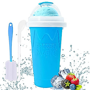 Slushy Maker Cup - Tik Tok Magic Quick Smoothie Cup, Homemade Slush and Shake Maker, Double Layer Silica Pinch Cup with Spoon & Cleaning Brush for Ice Cream Maker, Milkshake, Summer - Blue
