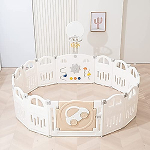 MERIT play Baby Playpen, Free-Installation Toddler Foldable Playpen with Basketball Hoop and Drawing Board for Kids, Adjustable Shape Safety Indoor Outdoor Portable Sturdy Play Yard(14 Panels)…