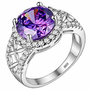 Uloveido Purple Cubic Zirconia Silver Wedding Band Bridal Jewelry Ring for Women J679-Silver-Purple-7
