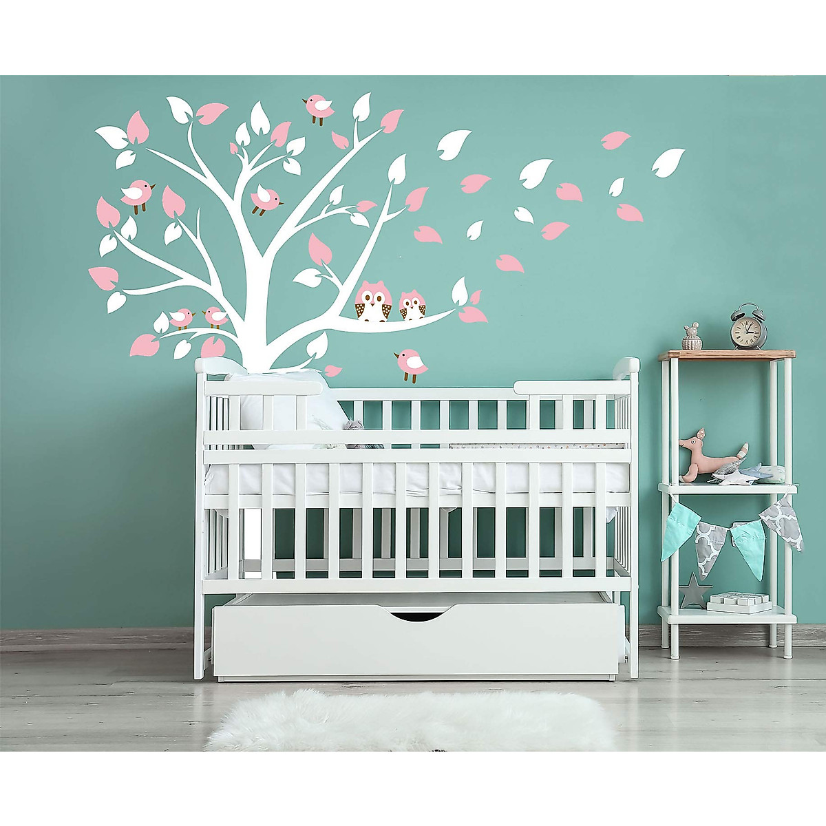 LUCKKYY Cute Owls with Birds Stand on The Tree Wall Decals Tree Wall Decals Tree Wall Sticker for Kid Baby Nursery Room (87x78") (Pink.)