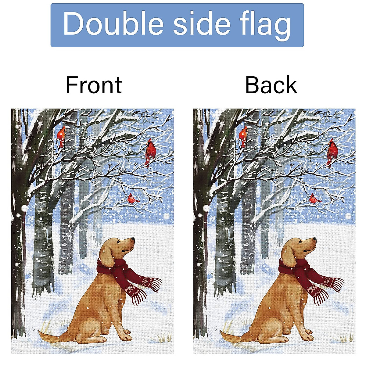 Louise Maelys Winter Garden Flag 12x18 Double Sided, Burlap Small Golden Retriever Dog Cardinal Garden Yard Flags for Winter Seasonal House Holiday Decor (ONLY FLAG)