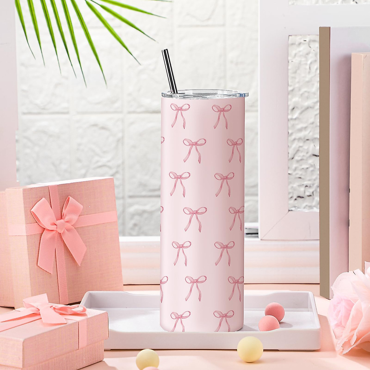 Skylety Pink Bow Tumbler with Lid and Straw, 20 oz Coquette Bow Stainless Steel Drinking Cup for Women Friend Birthday Party Gifts