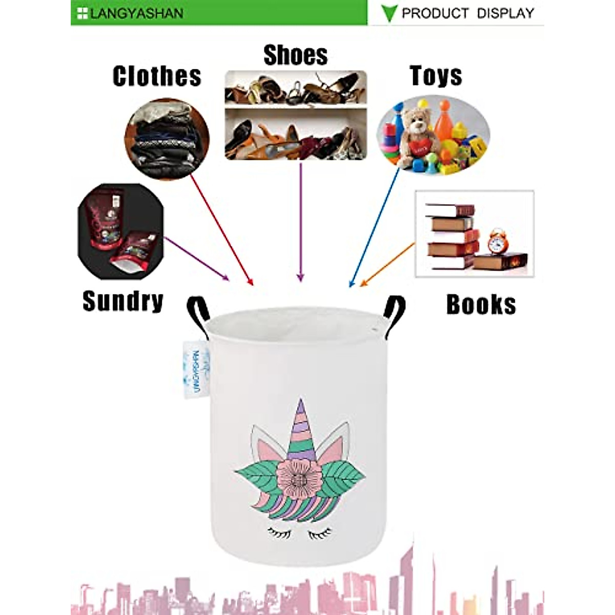 LANGYASHAN Laundry Basket Canvas Fabric Collapsible Organizer Basket for Storage Bin Toy Bins Gift Baskets Bedroom Clothes Children Nursery Hamper (Leaf Unicorn)