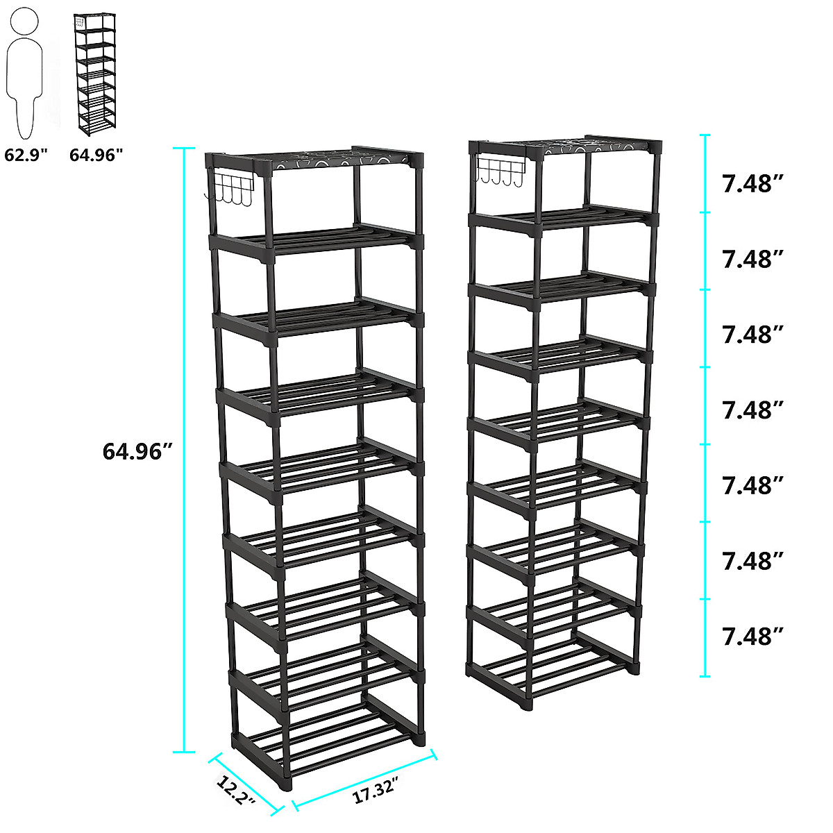 GREATSK 9 Tiers Shoe Rack 20-25 Pairs Sturdy Shoe Shelf, with Side Hooks, Shoe Rack for Entryway, Free Standing Shoe Racks, Metal Shoe Rack, Show Rack, Shoe Organizer, Shoe Rack for Closet