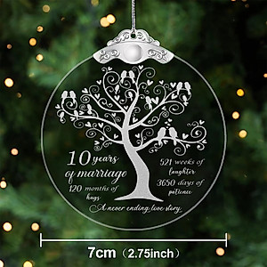 10th Wedding Anniversary Ornament Gift, 10th Anniversary Wedding Gift for Couple, 10 Years As Mr. & Mrs. Christmas Glass Ornament Gift for Husband Wife Married Parents Grandparents Friends 3"