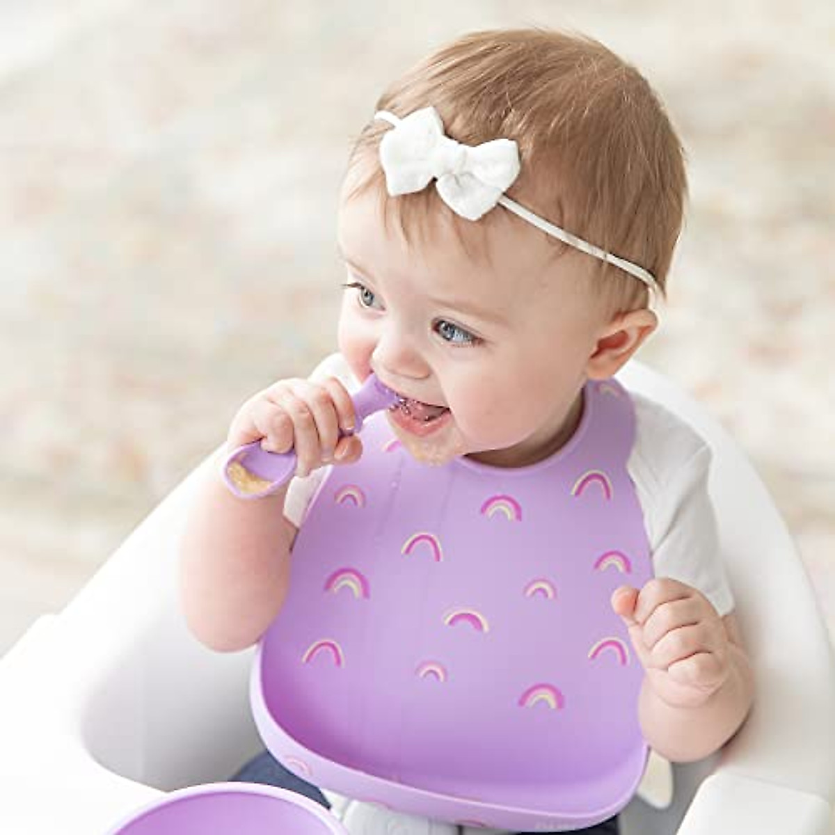 Bumkins Bibs, Silicone Pocket for Babies, Baby Bib for Girl or Boy, for 6-24 Months Up to Toddler, Essential Must Have for Eating, Feeding, Baby Led Weaning Supplies, Mess Saving, Rainbows Purple