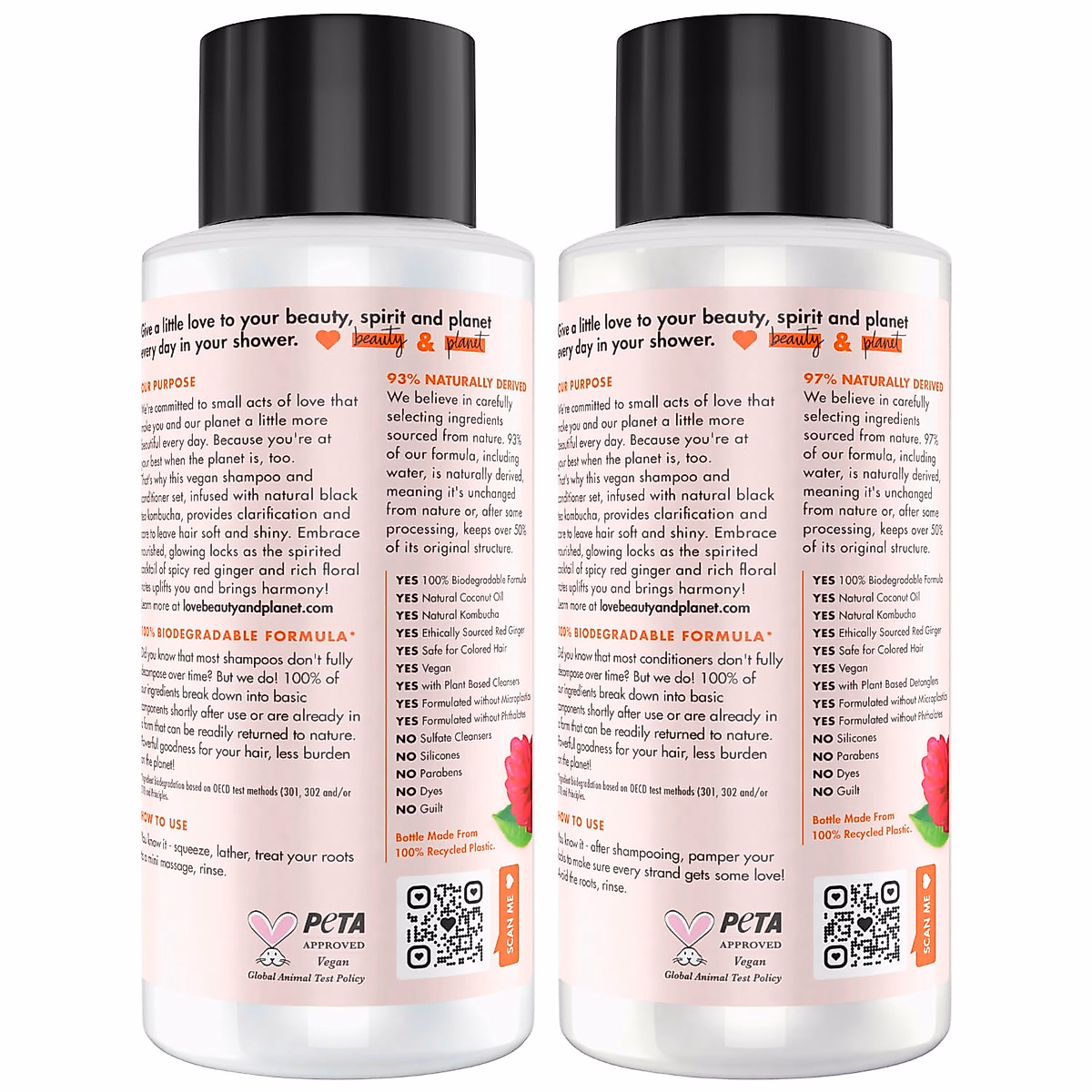 Love Beauty And Planet Shampoo and Conditioner, Black Tea Kombucha & Red Ginger - Sulfate-Free Shampoo & Conditioner, Clarifying, Hydrating, Shiny Hair Products, Scented, 13.5 Oz