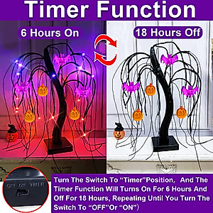 [ Orange & Purple ] 2 Pack Halloween Spooky Tree Decor with Timer 48 LED Lighted DIY 6 Pumpkins & 6 Bats 18 Inch Battery Operated Tabletop Artificial Black Tree Halloween Decor for Indoor Home Holiday