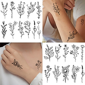 Cerlaza 75 Styles Tiny Black Flower Branch Temporary Tattoos For Women, 16 Sheets Realistic Wild Flower Floral Small Fake Tattoo, Wild Plant Tattoo Stickers for Adults Women Hands Legs Body Sticker