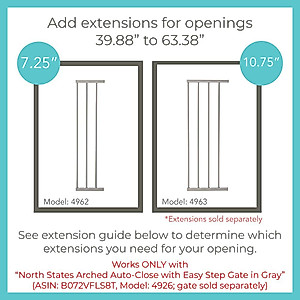 Toddleroo by North States 10.75” Extension for “Arched Auto Close with Easy Step Baby Gate”. Fits openings up to 63.38'' wide. Add up to 3 extensions. No tools required. (Adds 10.75" width, Gray)